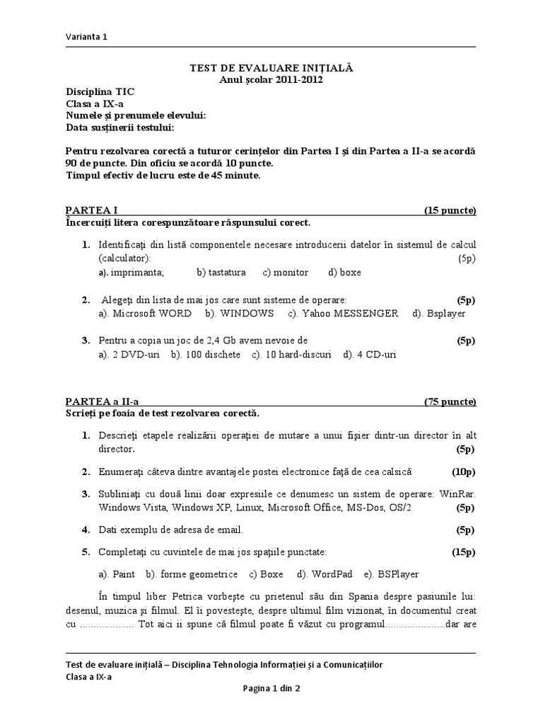 Evaluare - Initiala - Clasa - 9 - TIC Test | PDF