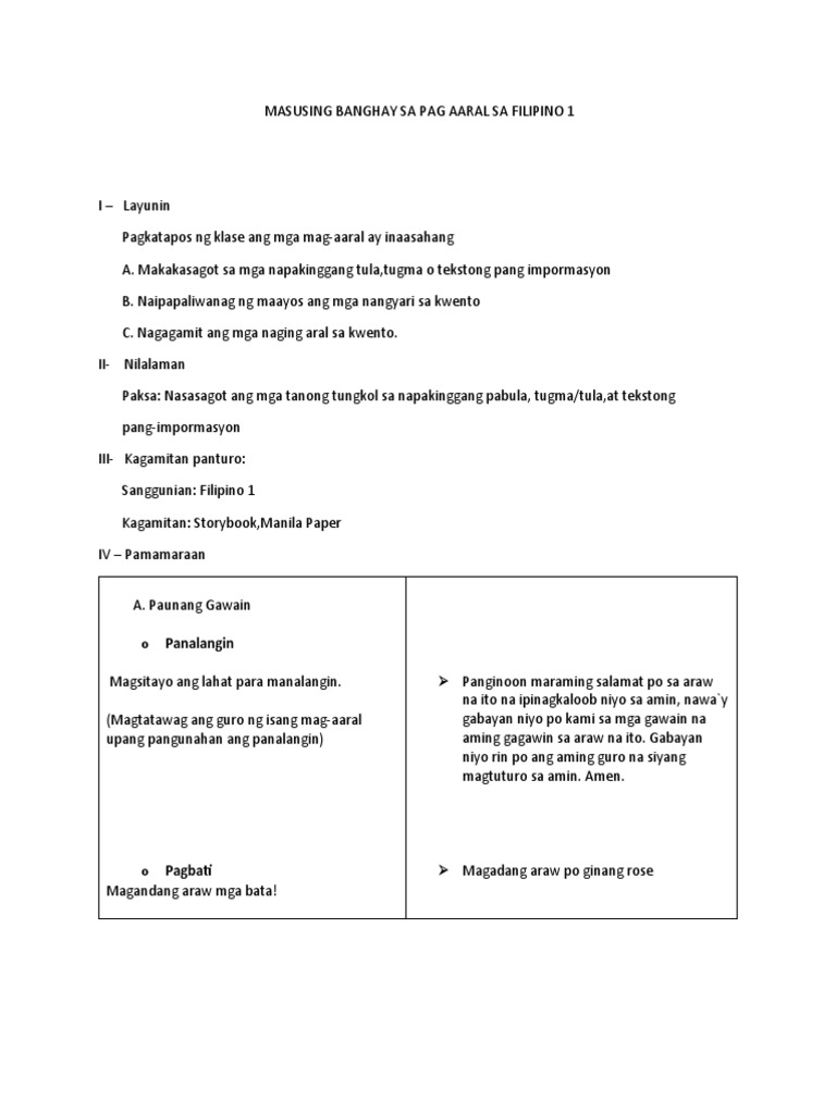 Masusing Banghay Sa Pag Aaral Sa Filipino 1 | PDF