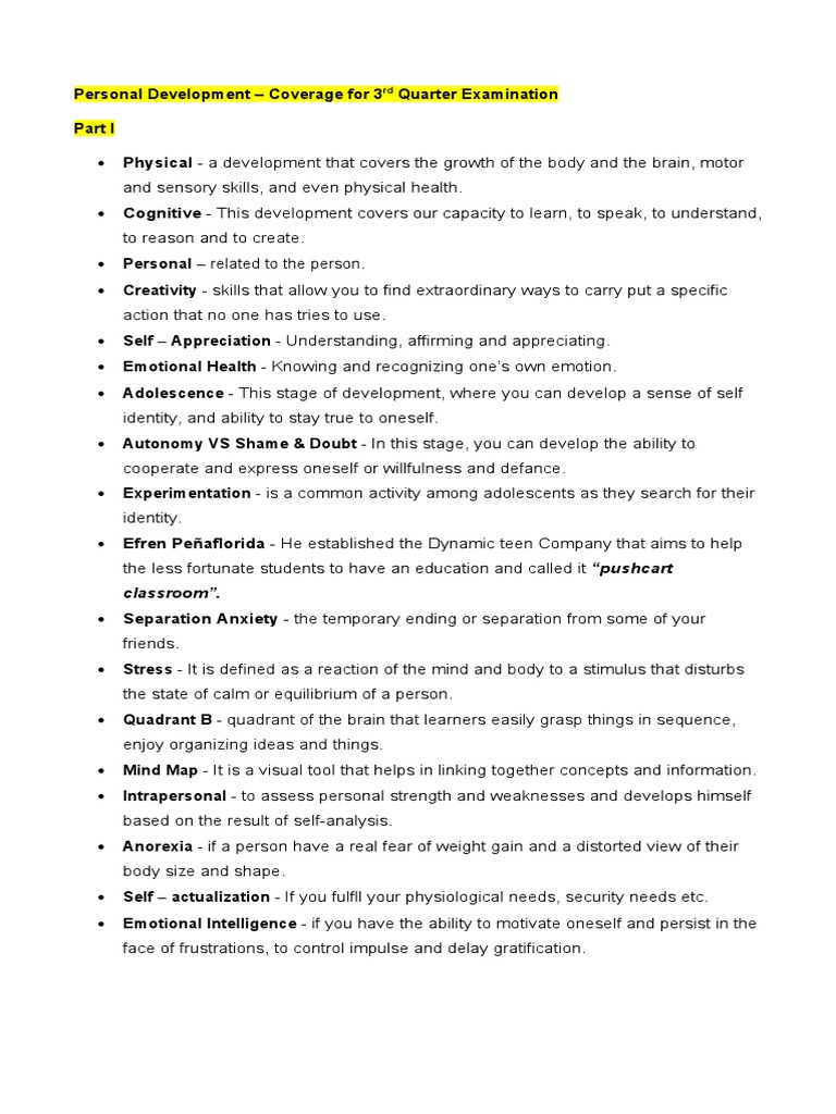 Personal Development Coverage For Examination | PDF | Adolescence | Mind