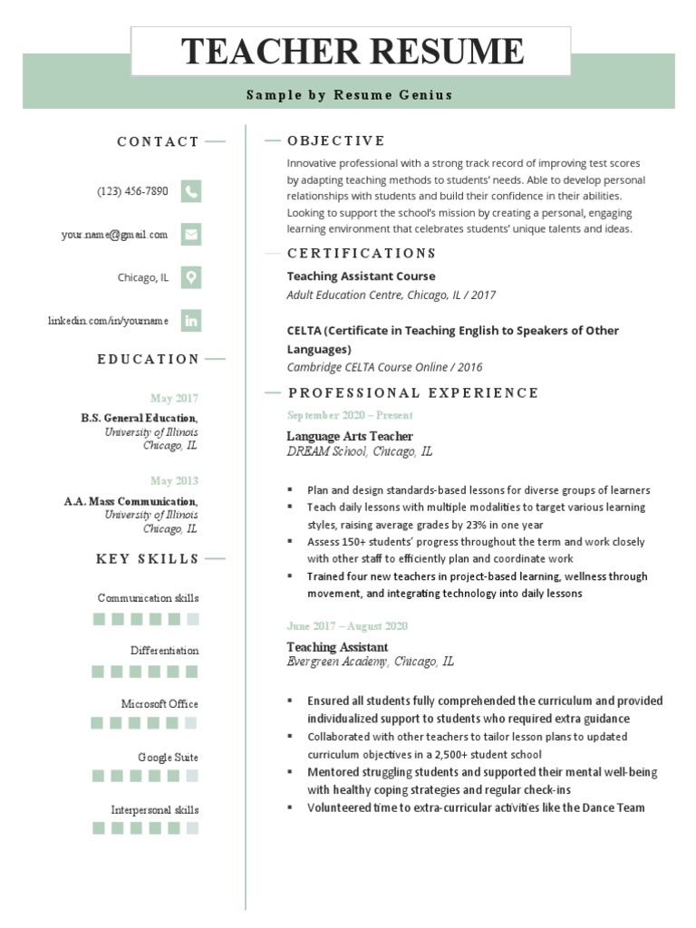 Teacher Resume Sample and Template | PDF | Teachers | Pedagogy