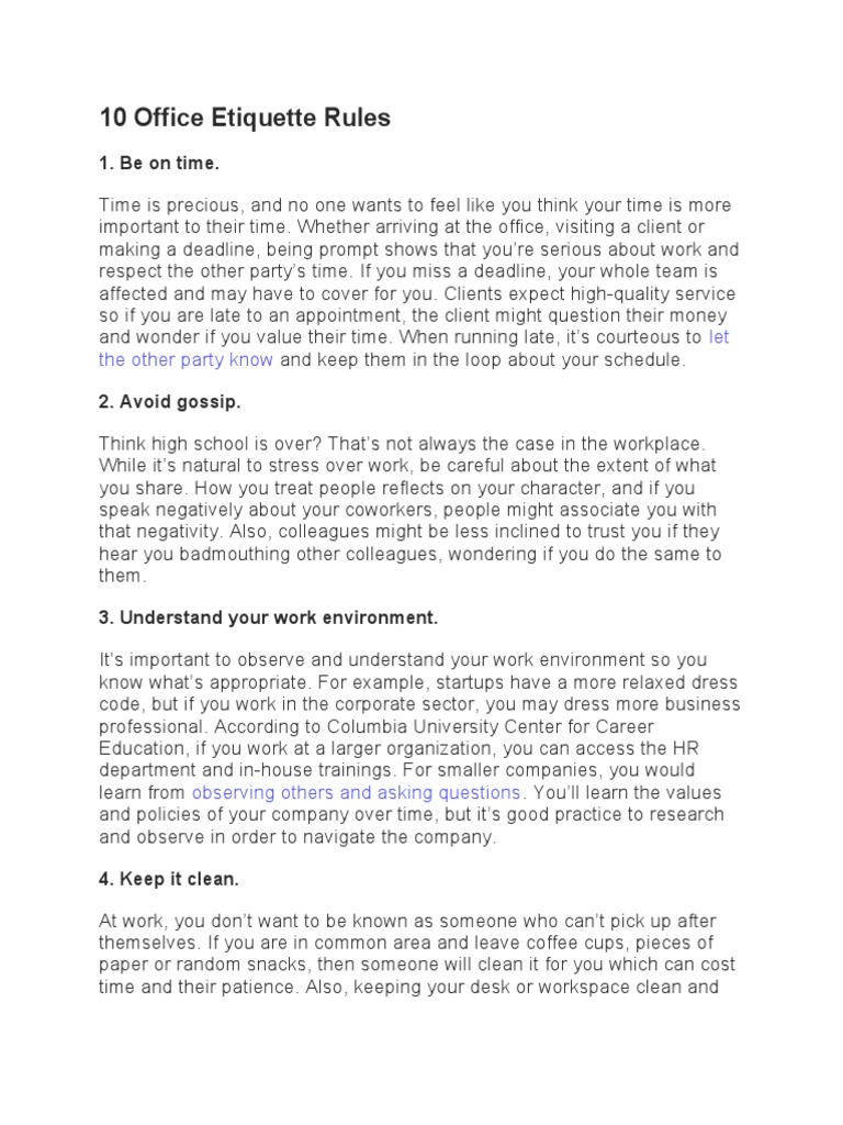 10 Office Etiquette Rules: 1. Be On Time | PDF