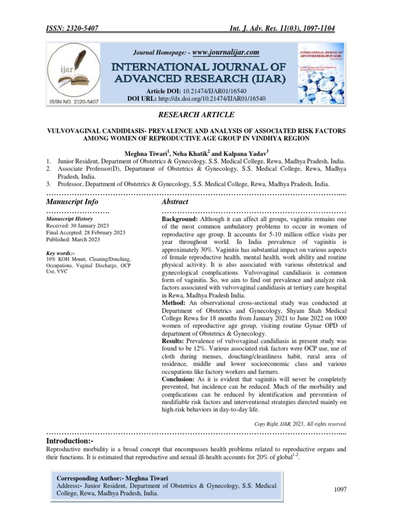 Vulvovaginal Candidiasis - Prevalence and Analysis of Associated Risk ...