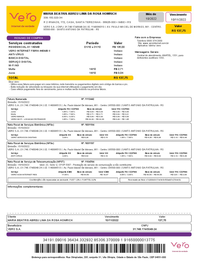 Fatura - Minha Vero - 10nov2022 - Paga | PDF | Serviços financeiros ...