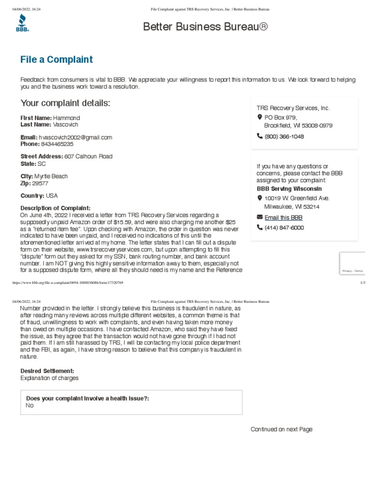 Fraud Alert: TRS Recovery Complaint | PDF | Business