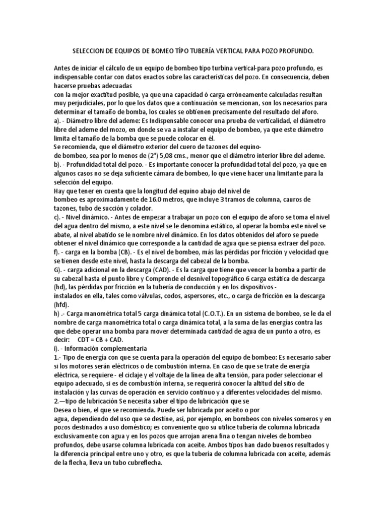 Seleccion de Equipos de Bomeo Típo Tubería Vertical para Pozo Profundo ...