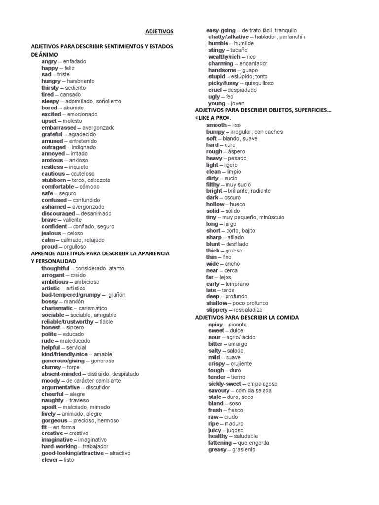 Adjetivos En Ingles Pdf