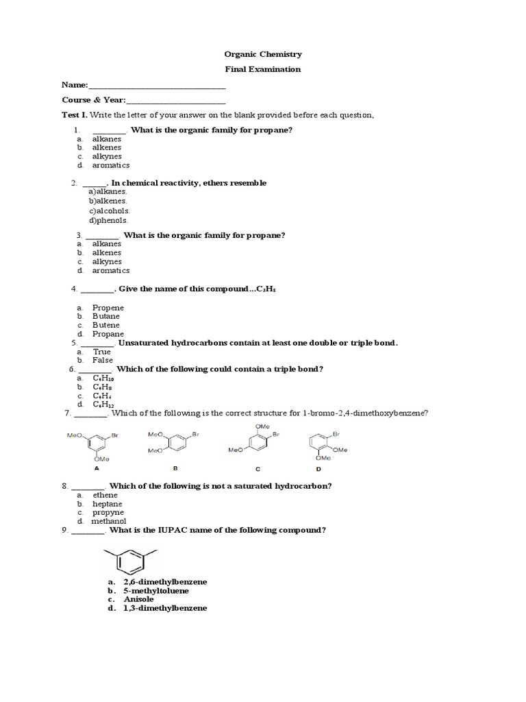 Organic Chemistry Final Exam Questions | PDF | Teaching Methods & Materials