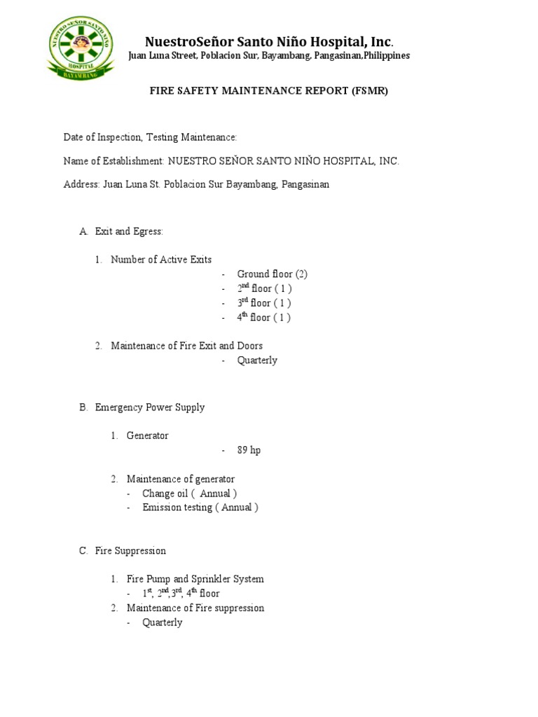 Nuestroseñor Santo Niño Hospital, Inc: Fire Safety Maintenance Report ...