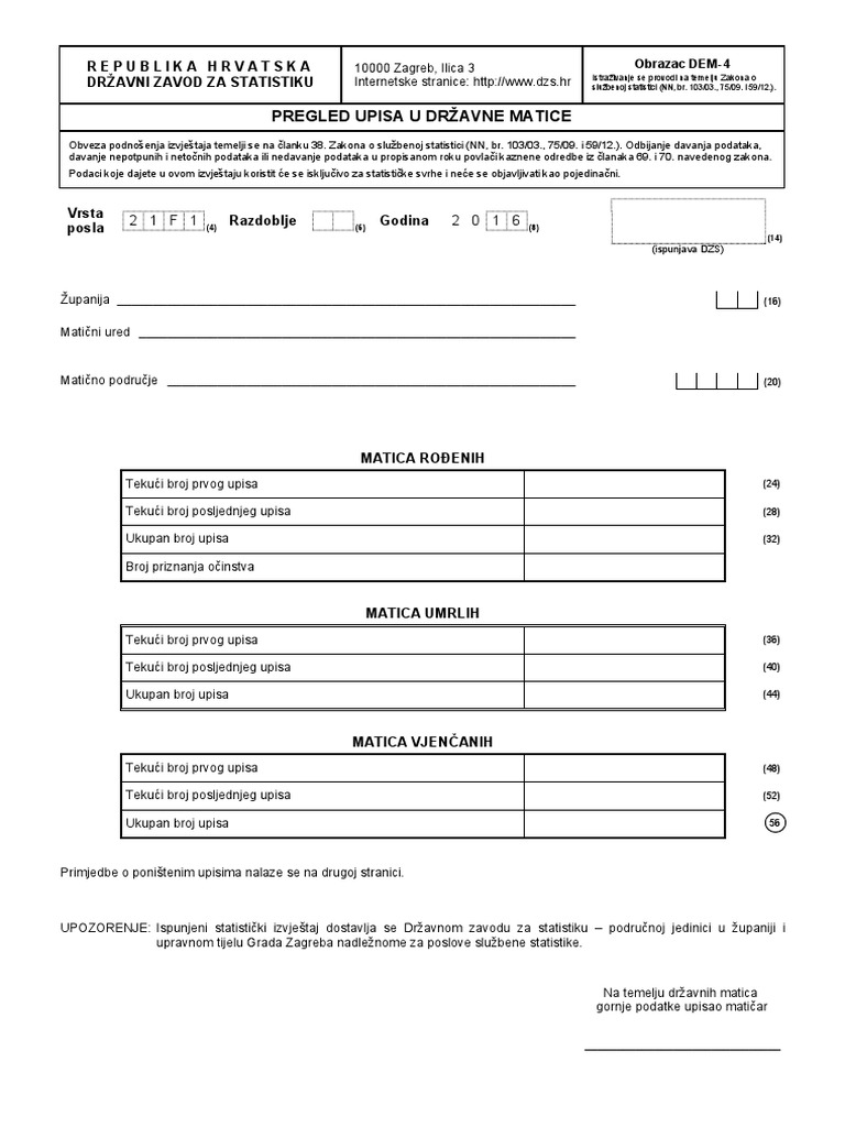 Pregled Upisa U Državne Matice: Republika Hrvatska Državni Zavod Za ...