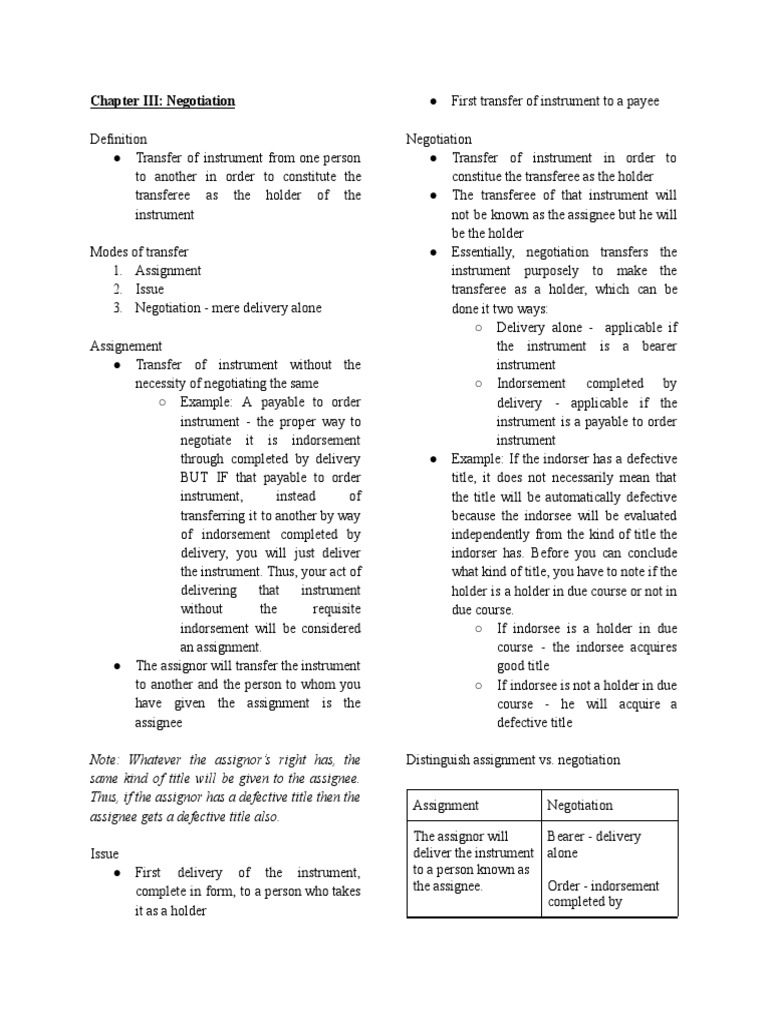 Negotiable Instruments - Reviewer For Pre-Finals | PDF | Legal ...