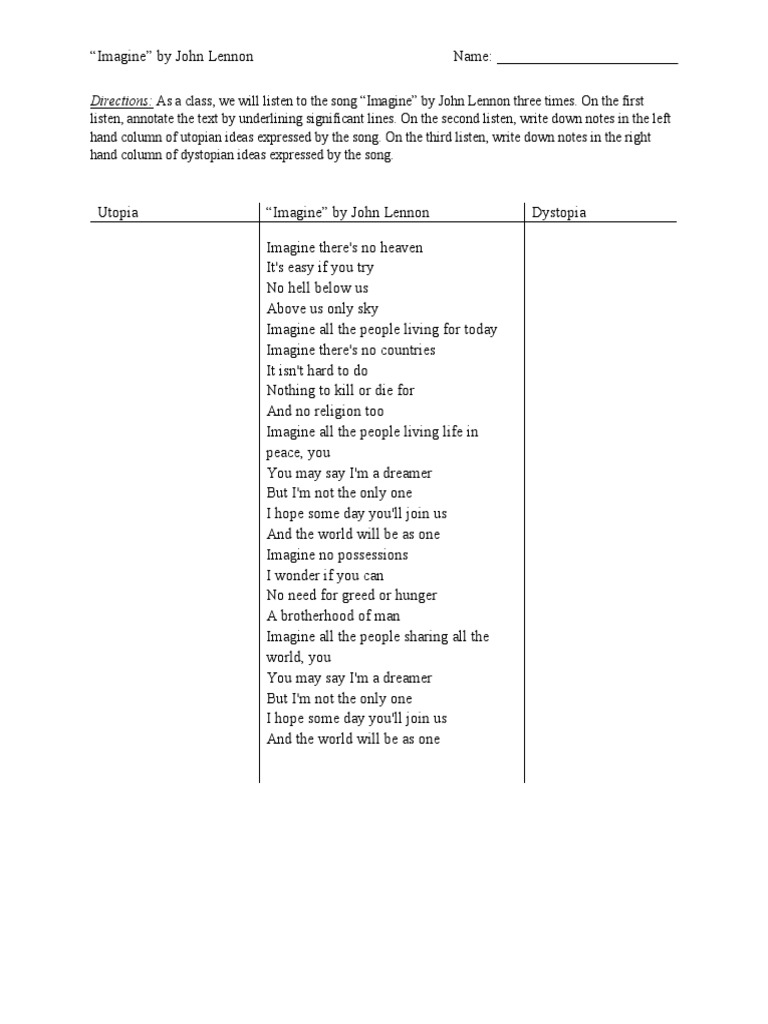 Directions: As A Class, We Will Listen To The Song "Imagine" by John ...