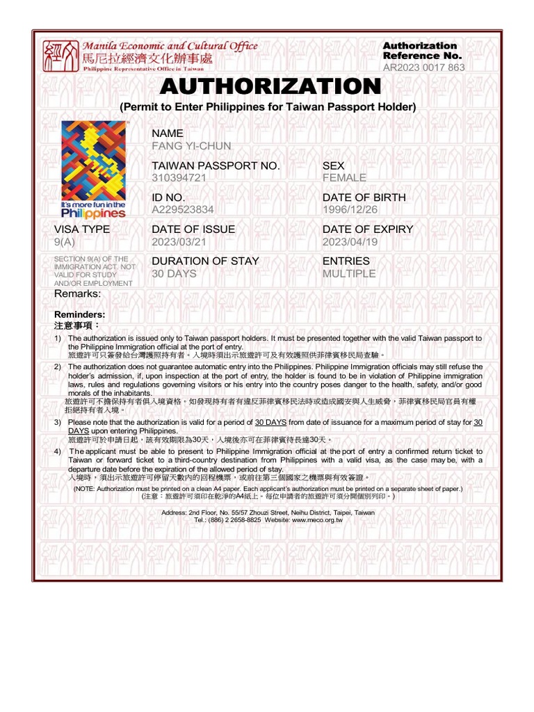 Authorization Authorization: (Permit To Enter Philippines For Taiwan ...
