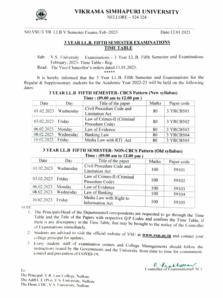 3 LLB Fifth Semester Time Table | PDF | Justice | Crime & Violence