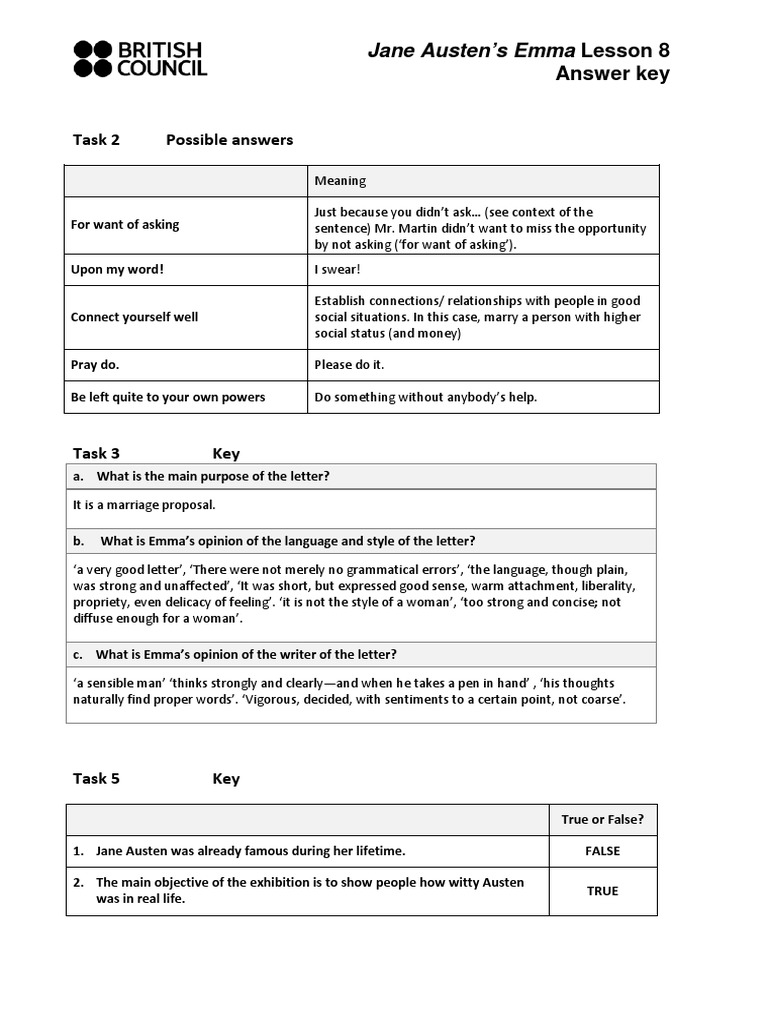 Task 2 Possible Answers: Jane Austen's Emma Lesson 8 | Download Free ...