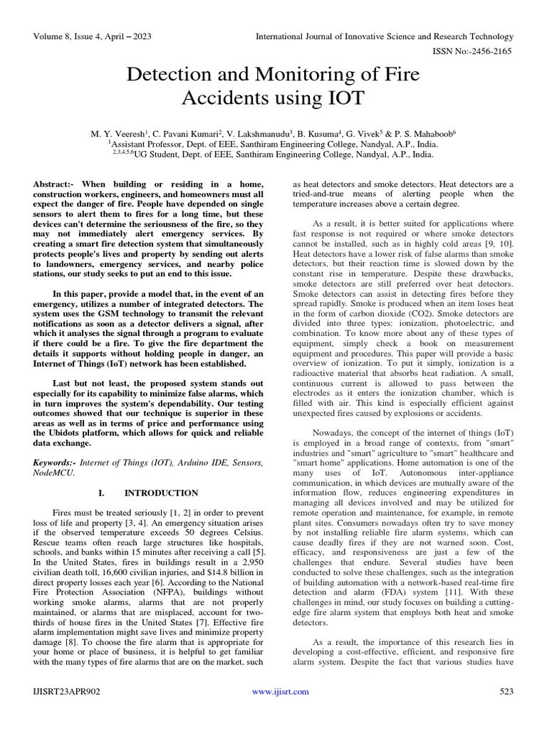 Detection and Monitoring of Fire Accidents Using IOT | PDF | Internet ...