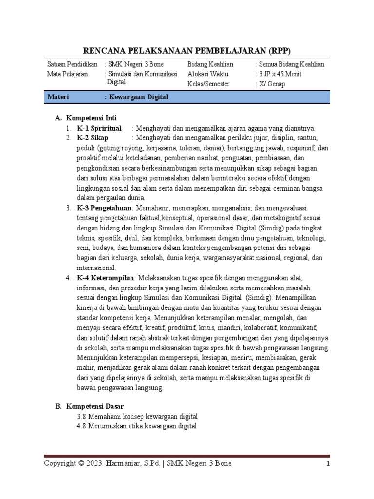 RPP Kewargaan Digital | PDF | Karier & Perkembangan