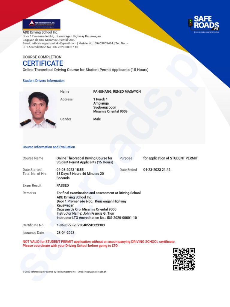 Saf Er Oads - PH: Certificate | PDF