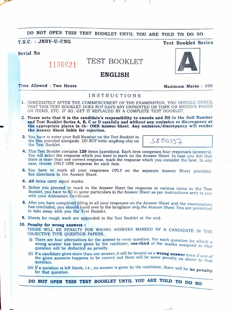 Test Booklet: Serial No | PDF | Part Of Speech | Adjective