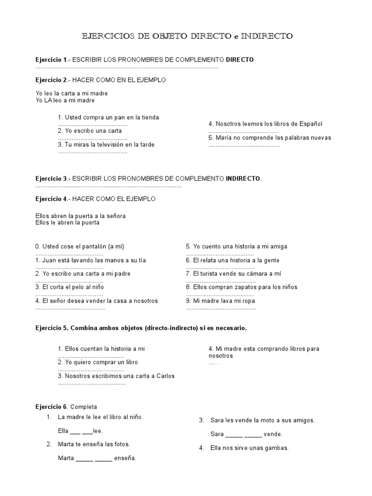 Ejercicios de Objeto Directo e Indirecto | PDF