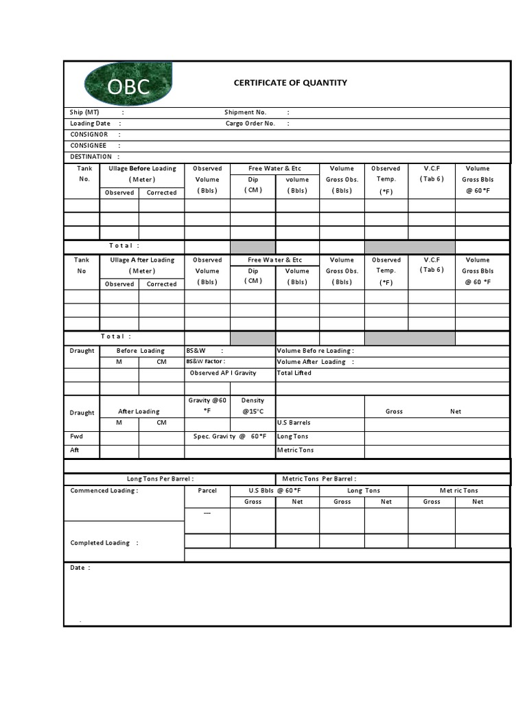 Certificate of Quantity | PDF | Barrel (Unit) | Freight Transport
