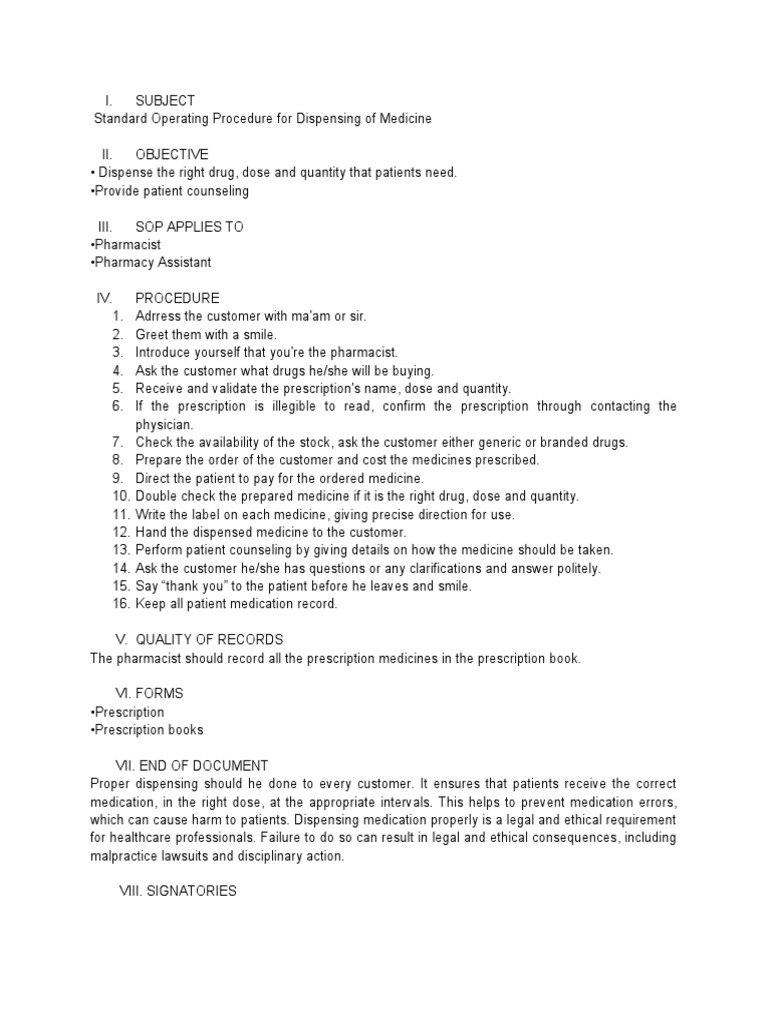 SOP for Dispensing Medicines in Pharmacy | PDF | Wellness