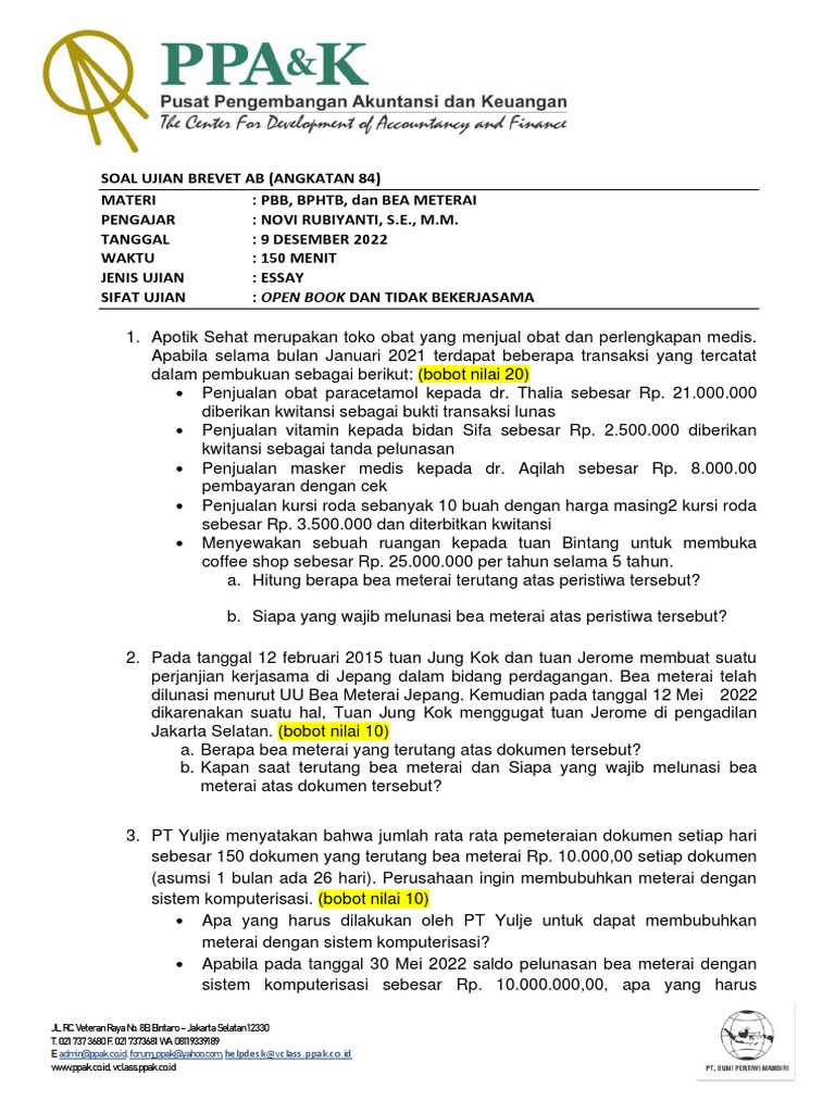 SOAL UJIAN BREVET AB TENTANG BEA PERPUSTAKAAN, BPHTB, DAN PBB | PDF