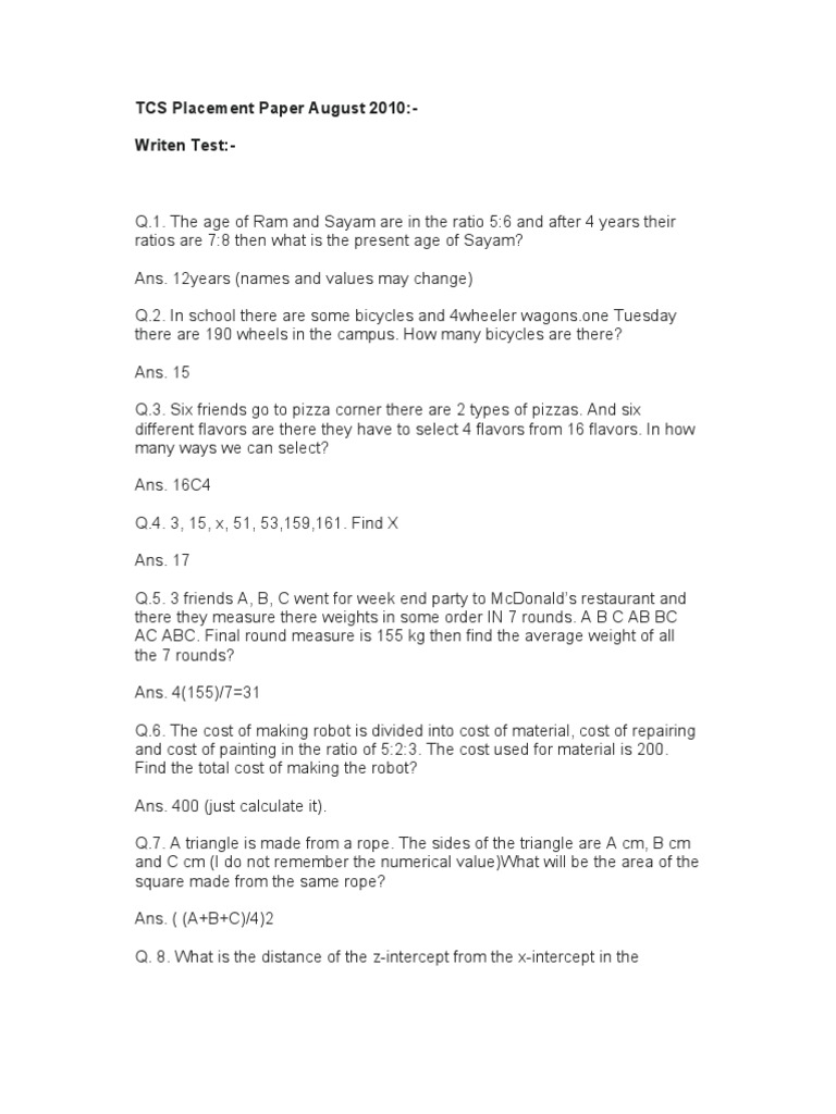 TCS Placement Paper August 2010:-Writen Test | PDF | Teaching ...