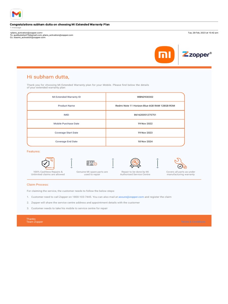 Gmail - Congratulations Subham Dutta On Choosing Mi Extended Warranty Plan | PDF