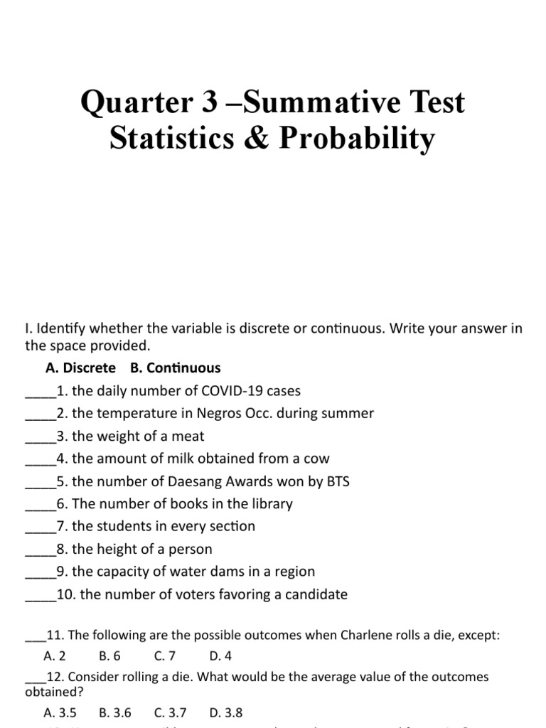 Quarter 3 - Summative Test STAT | PDF | Normal Distribution ...