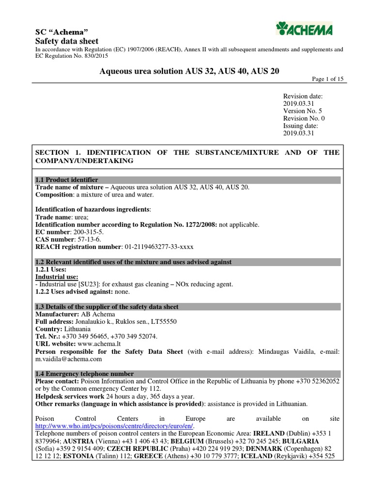 Aqueous Urea Solutions: Safety Data Sheet | PDF | Science & Mathematics