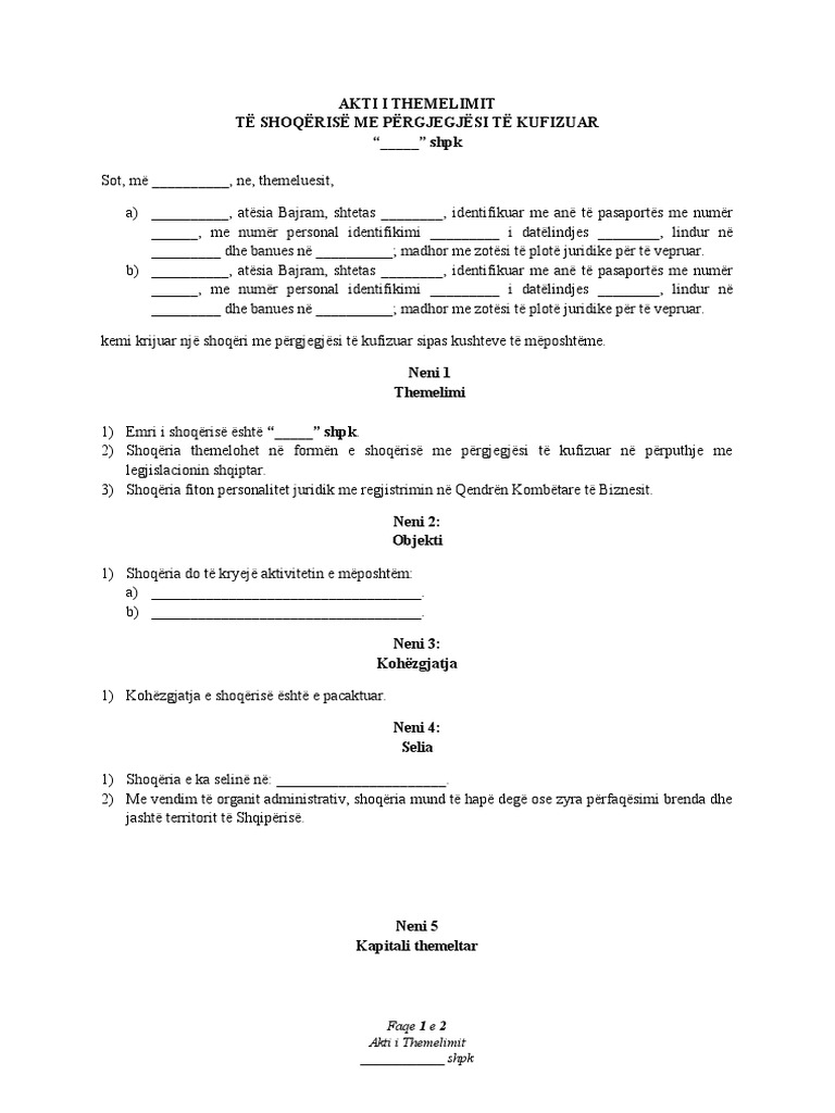 Draft Akt Themelimi SHPK Disa Ortake | PDF