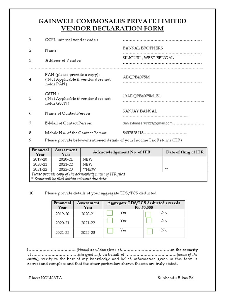 Gcpl-Vendor Decl Form | Download Free PDF | Government | Economies