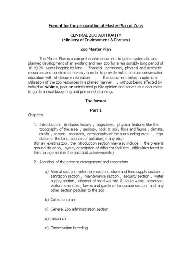 Format For The Preparation of Master Plan of Zoos Central Zoo Authority ...