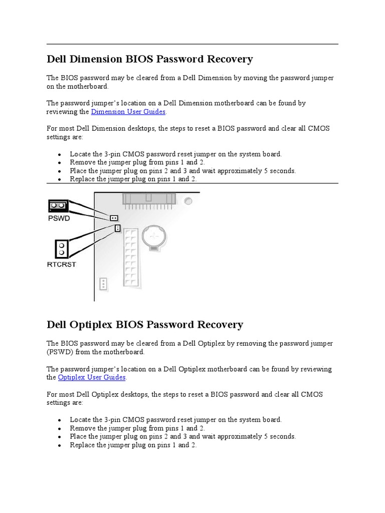 Dell Dimension BIOS Password Recovery | PDF