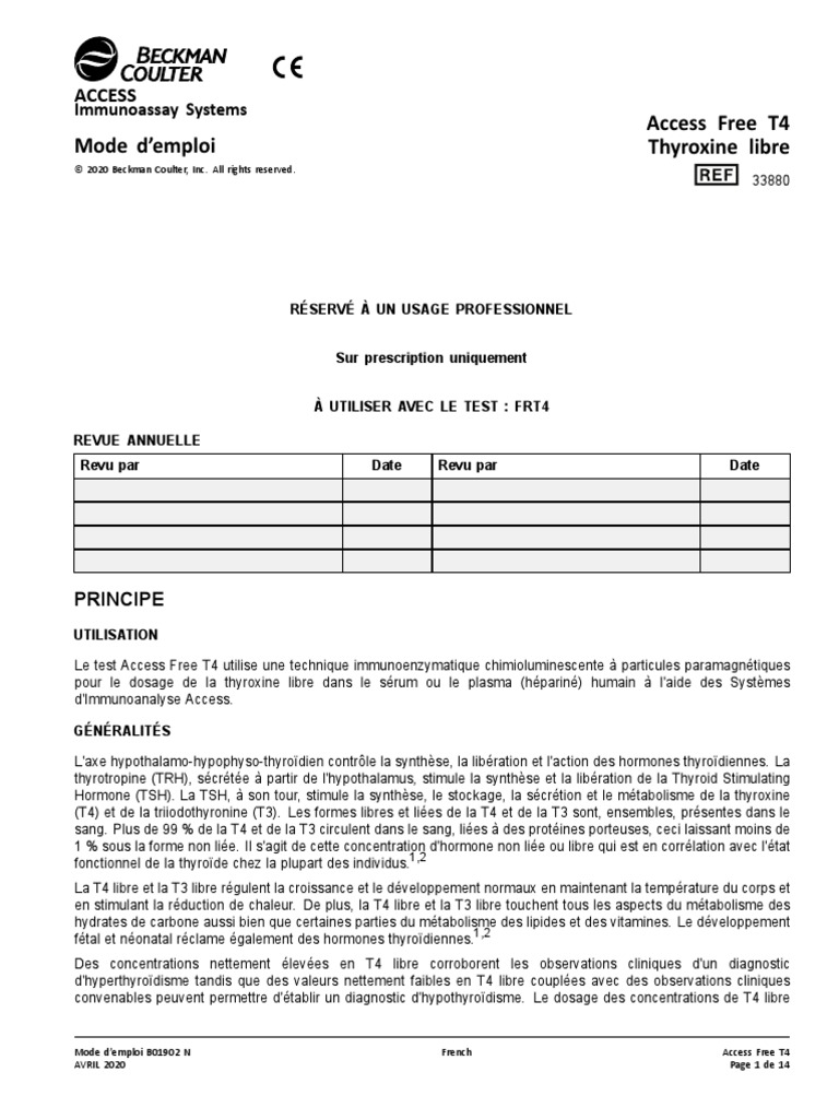 Access Free T4 Mode D'emploi Thyroxine Libre | PDF