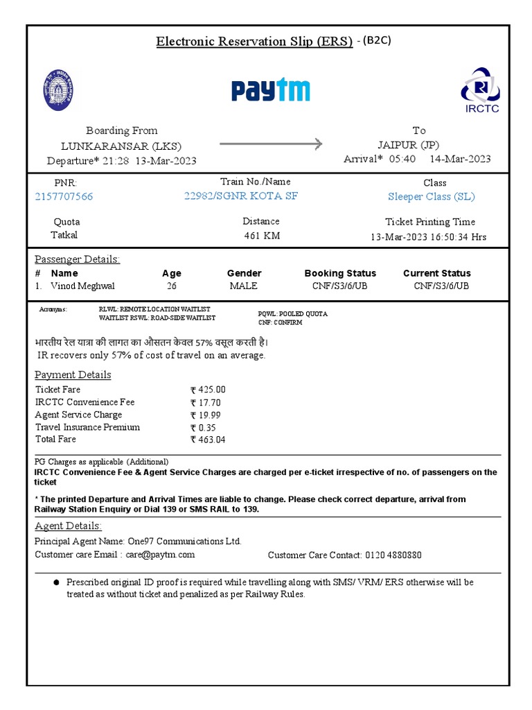 Electronic Reservation Slip for Train Travel | PDF | Identity Document