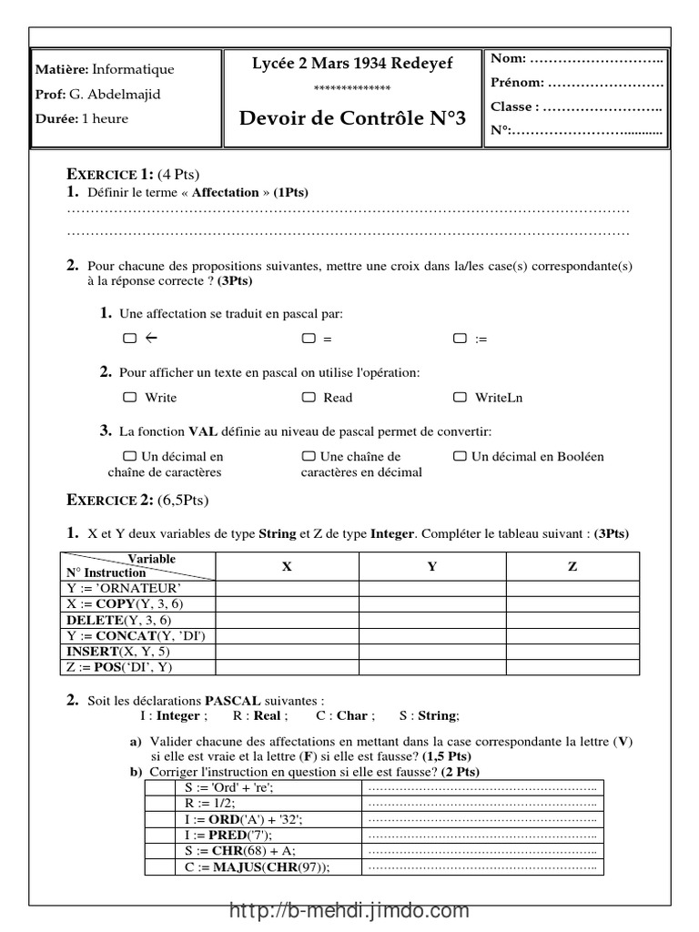 Devoir de Contrôle N°3: Lycée 2 Mars 1934 Redeyef | PDF | Programmation ...
