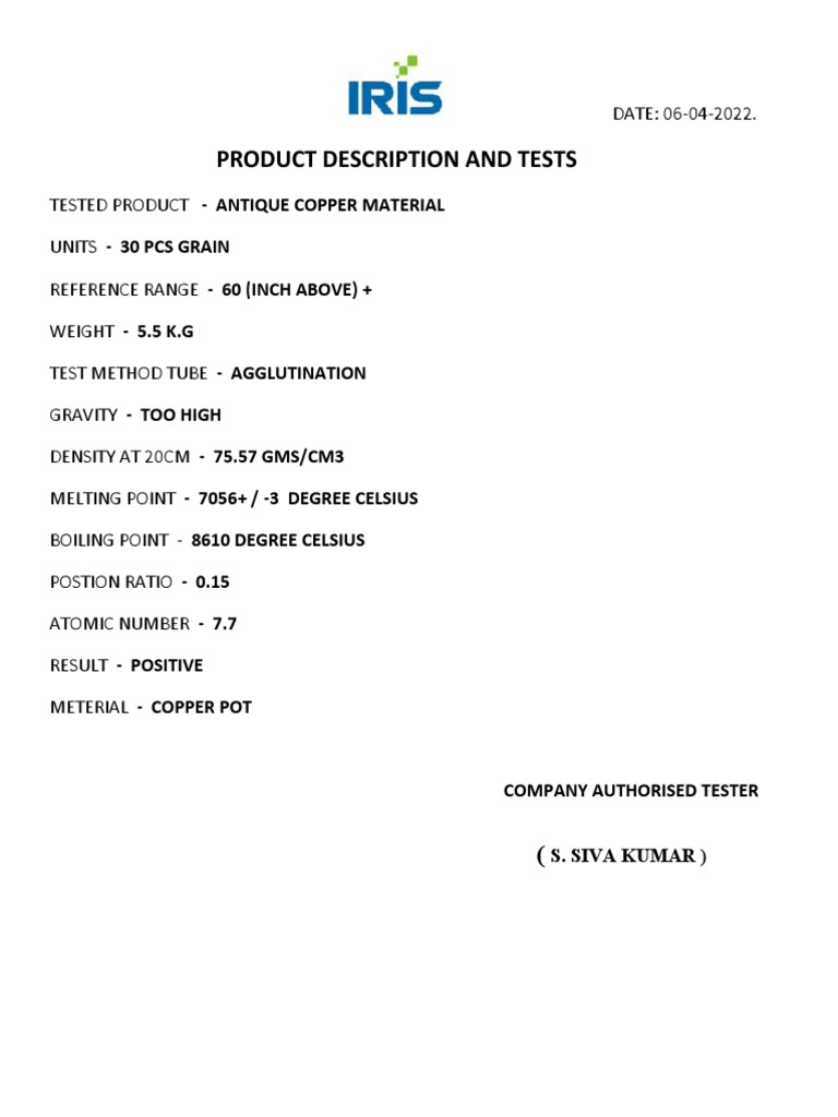 Product Description and Tests: Company Authorised Tester S. Siva Kumar ...