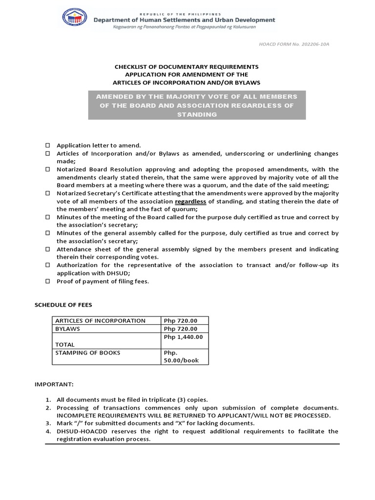 Checklist of Documentary Requirements Application For Amendment of The ...
