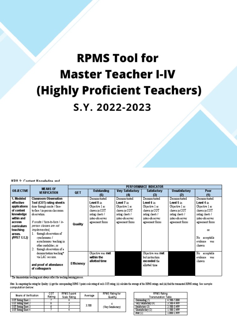 Master Teacher-Annex B1 RPMS Tool For Highly Proficient Teachers SY ...