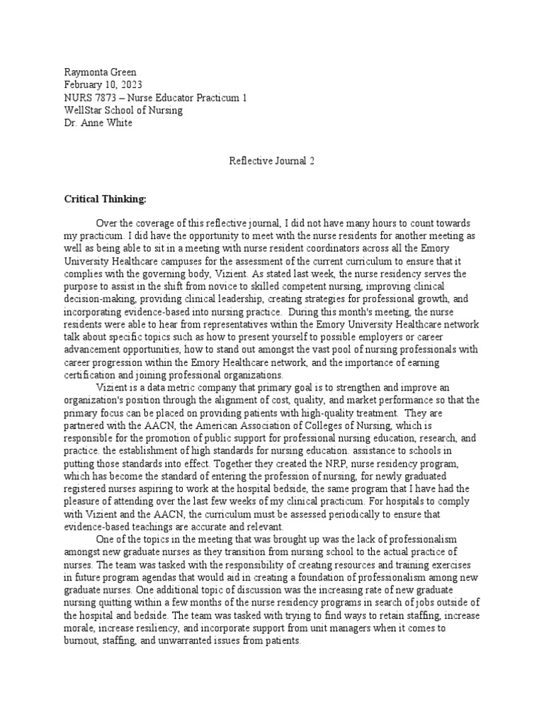 Nurse Educator Practicum - Reflective Journal 2 | PDF | Nursing | Health Care