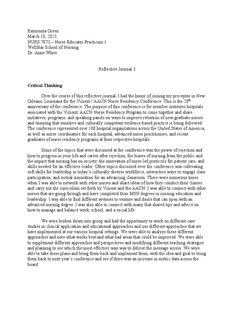 Nurse Educator Practicum - Reflective Journal 4 | PDF | Nursing ...