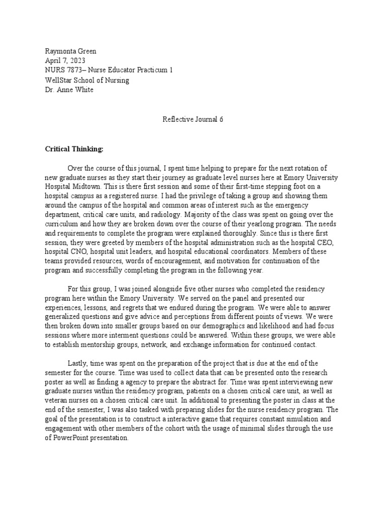 Nurse Educator Practicum - Reflective Journal 6 | PDF | Nursing | Love