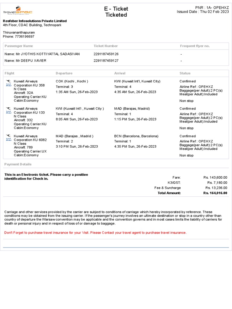 Passenger Name Ticket Number Frequent Flyer No.: Resfeber Infosolutions ...