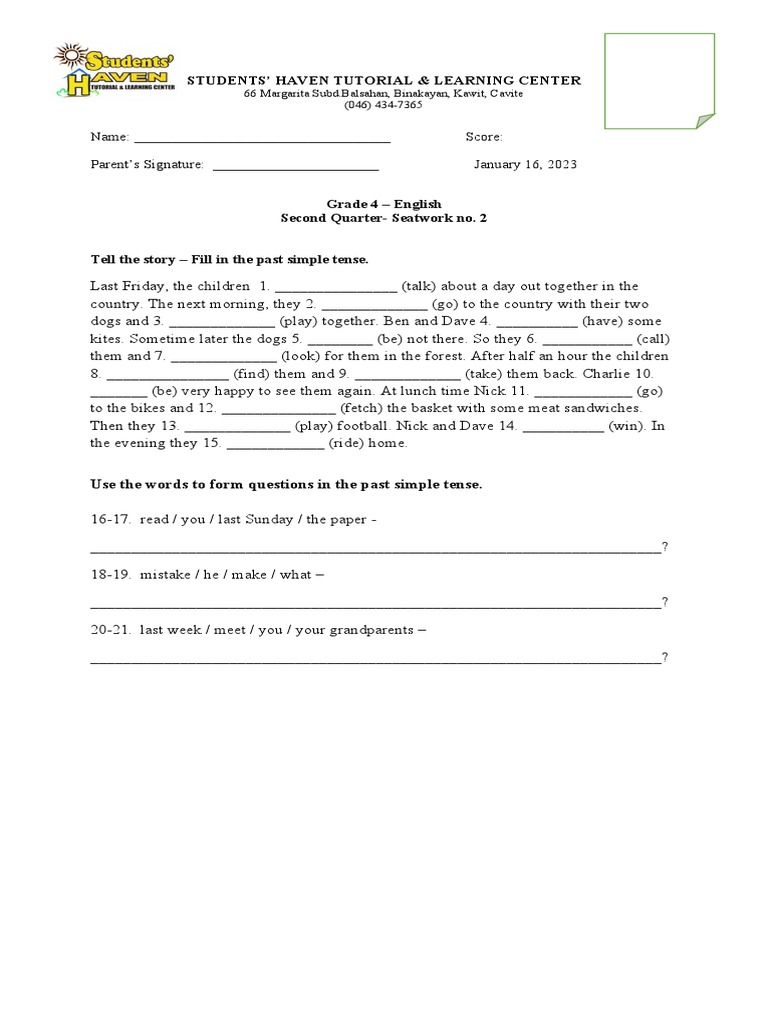 Seatwork Grade 4 Simple Past | PDF