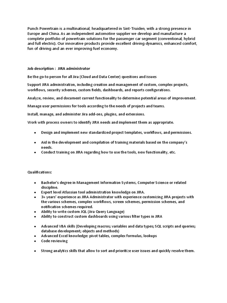 Job Description: JIRA Administrator | PDF