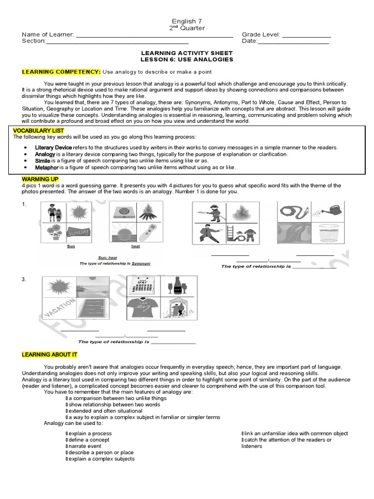 English 7 2 Quarter: Learning Activity Sheet Lesson 6: Use Analogies ...