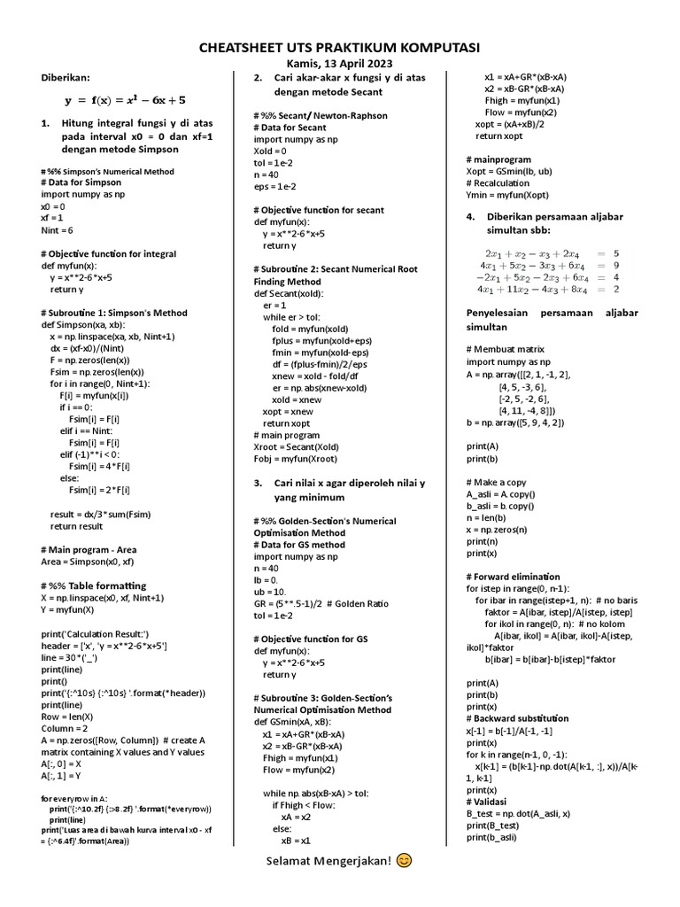 Cheatsheet UTS 13 April 2023 Praktikum Komputasi Versi12042023 | PDF | Analisis Matematis ...