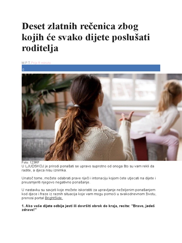 Deset Zlatnih Rečenica Zbog Kojih Će Svako Dijete Poslušati Roditelja | PDF