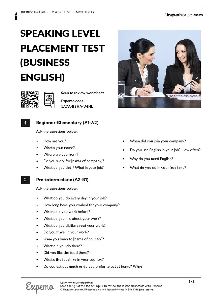 Speaking Level Placement Test Business English British English Student ...